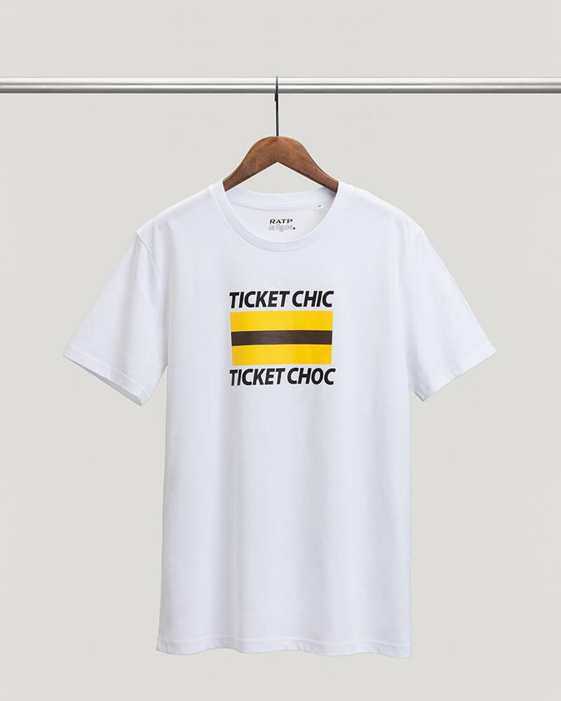 White unisex T-shirt with black, brown and yellow patterns ticket Chic ...